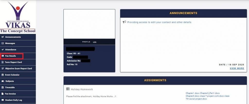 Online Fee Process | Vikas The Concept School